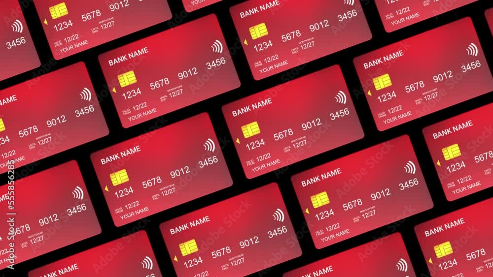 Multiple red bank cards moving animation from top view, Red plastic ATM ...