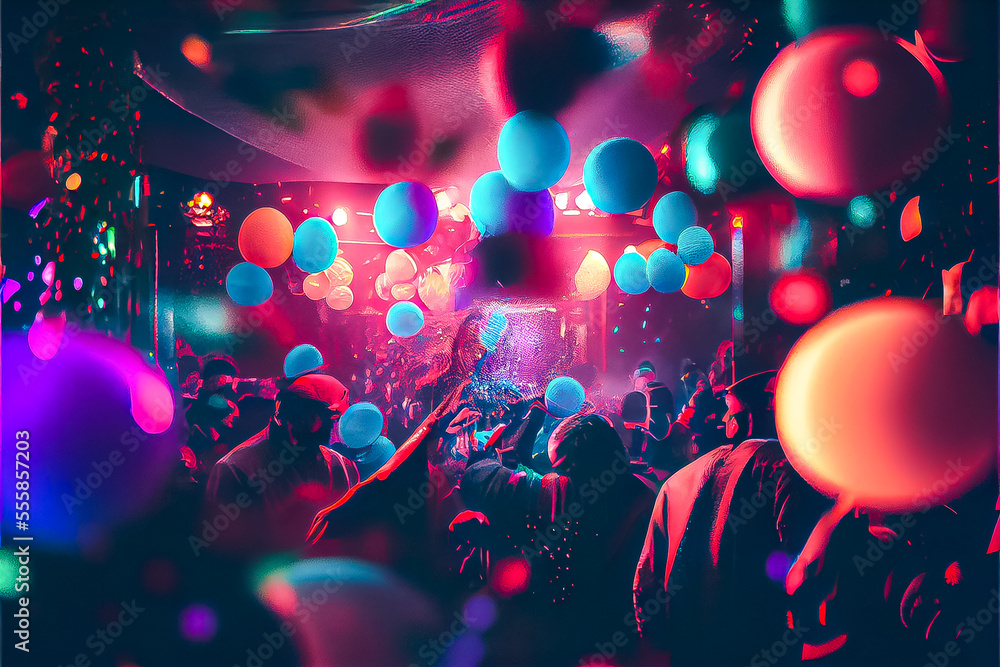 New Year's Eve party background, pop color, group of people dancing and ...