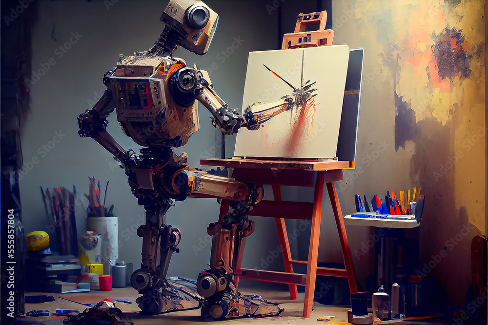 Cyborg Ai robot artist in dark studio next to his easel, painting and ... Cyborg Ai robot artist in dark studio next to his easel, painting and ...