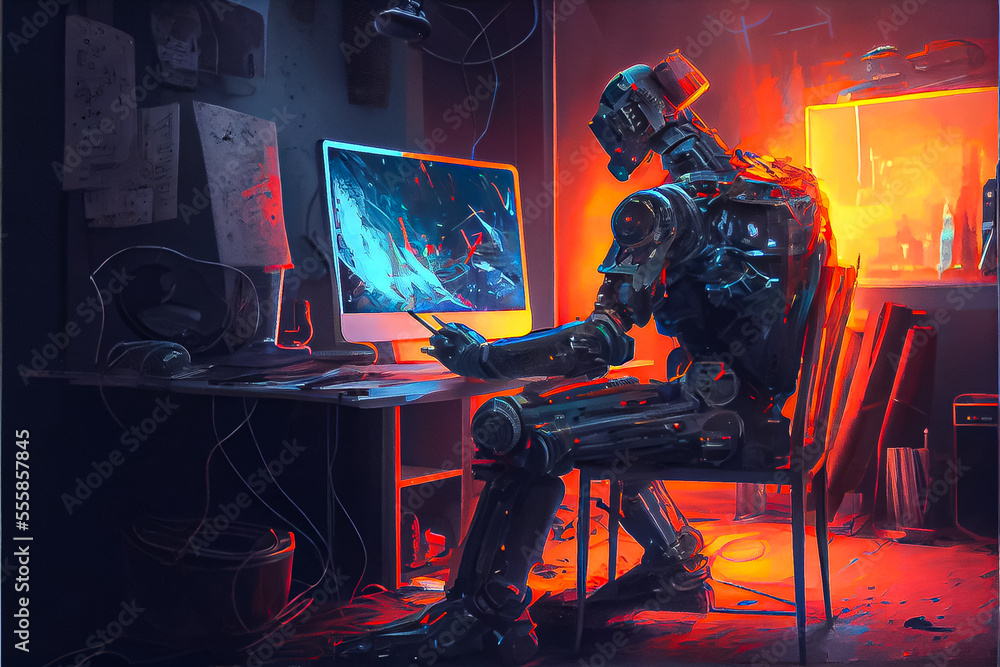 Cyborg Ai robot artist in dark studio next to his easel, painting and ...