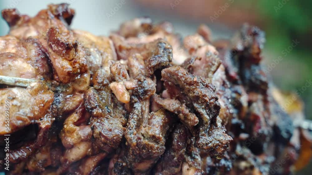 Vidéo Stock Meat skewer roasting and smoking on burning fire, juicy ...