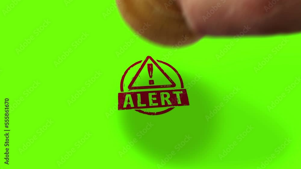 Alert stamp and hand stamping impact isolated animation. Danger alarm ...