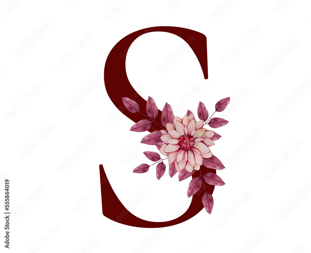 Burgundy Red Alphabet Letter S With Hand Drawn Autumnal Boho Floral ...