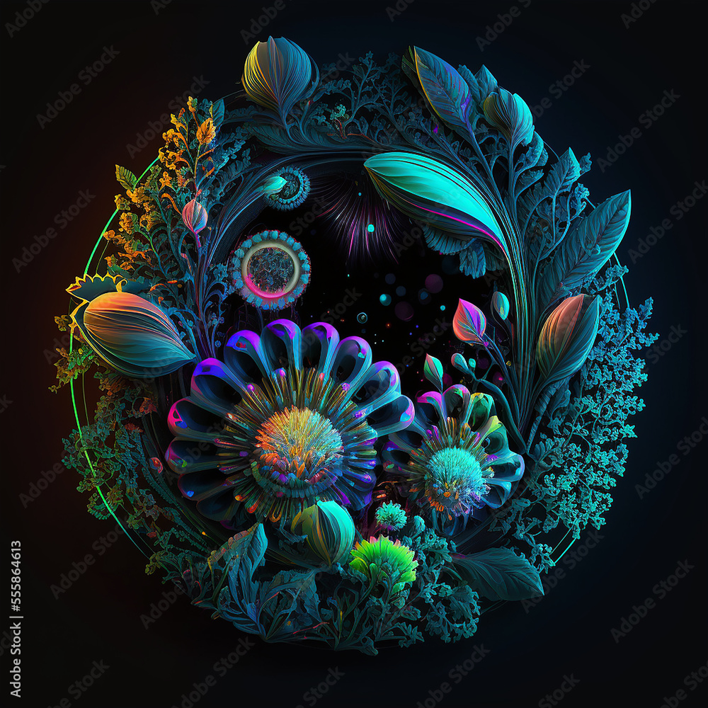 colorful fantasy floral sci-fi neon portal. Flower plants with neon ...