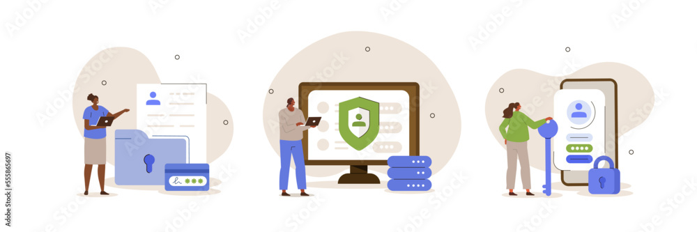 Cybersecurity set. Characters using cyber security services to protect ...