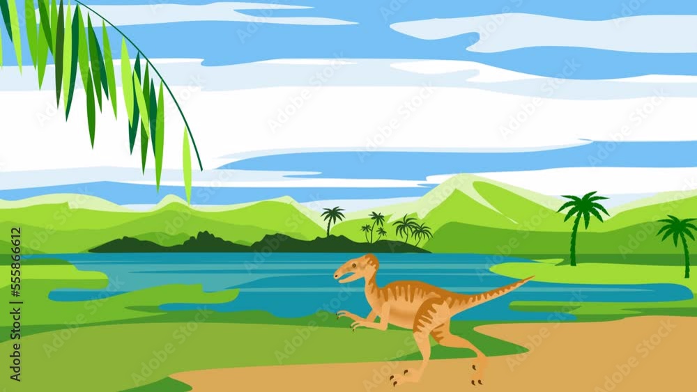 Dinosaurs walking in prehistoric landscape, cartoon 2d animation Stock ...