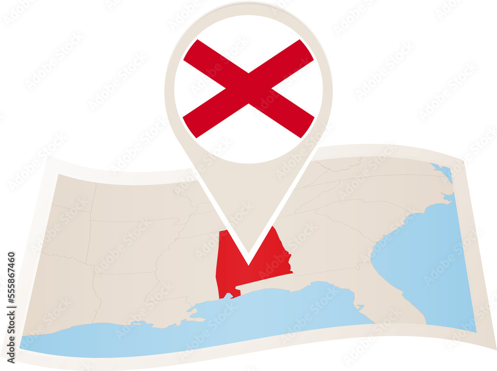 Folded paper map of Alabama U.S. State with flag pin of Alabama. Stock ...