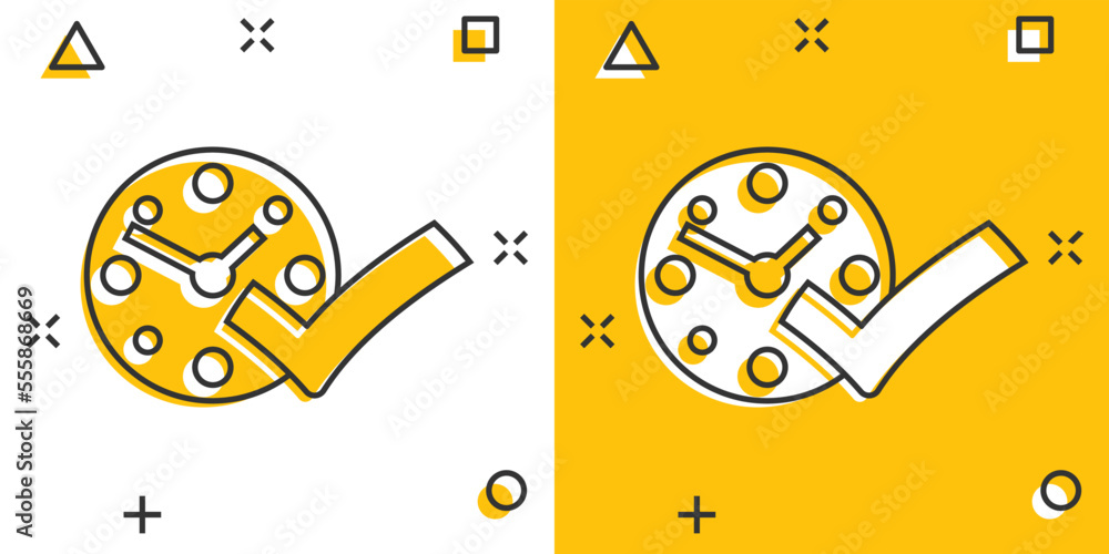 Clock Check Mark Icon In Comic Style Timer Approval Cartoon Vector