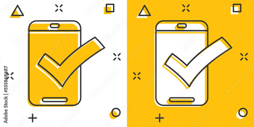 Phone check mark icon in comic style. Smartphone approval cartoon ...