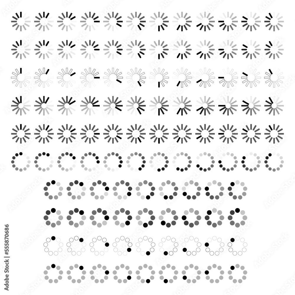 10 white and grey loading icons animation frames on white background ...