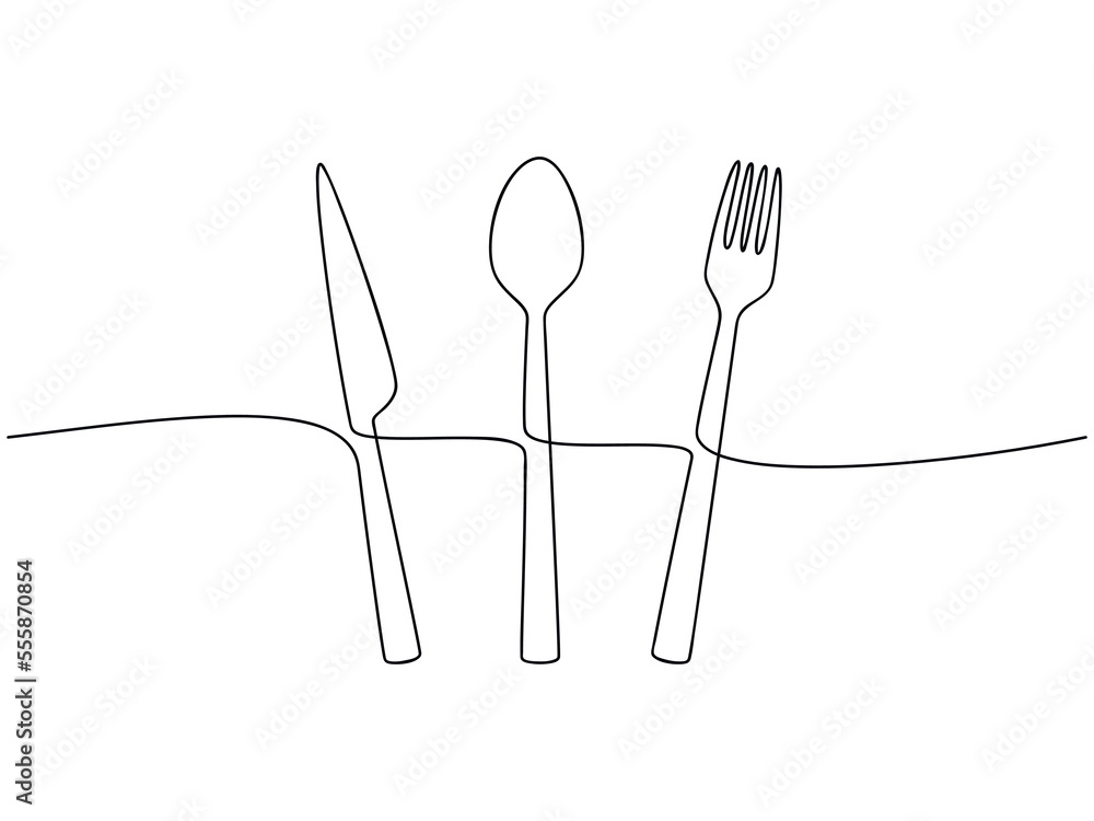 Knife, spoon, fork icon set top view vector one line continuous drawing ...