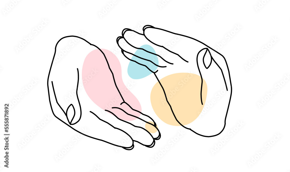 Vector illustration with human palm shape and color shape on white ...