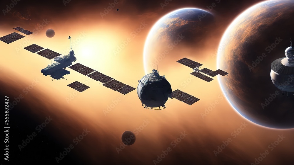 Astronaut on alien planet landscape with scientific laboratory ...