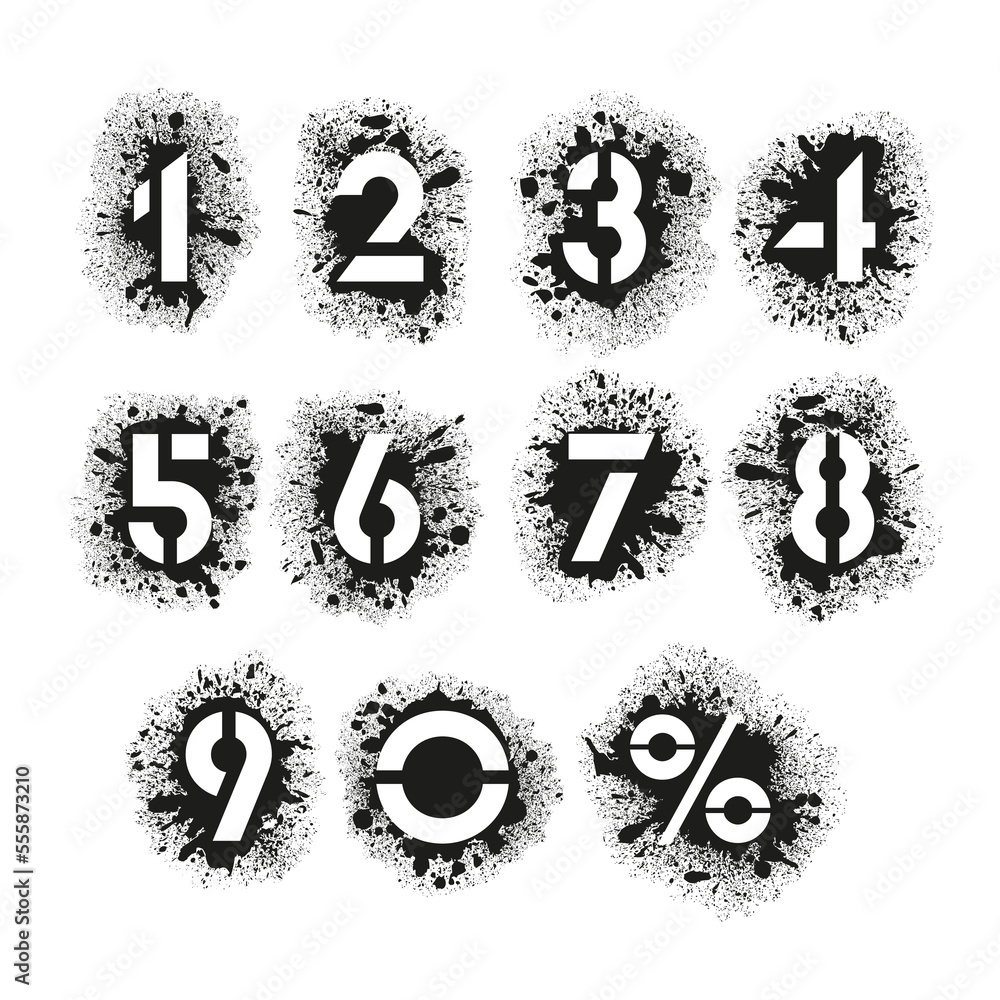 Black and white paint splatter stencil numbers alphabet on white ...