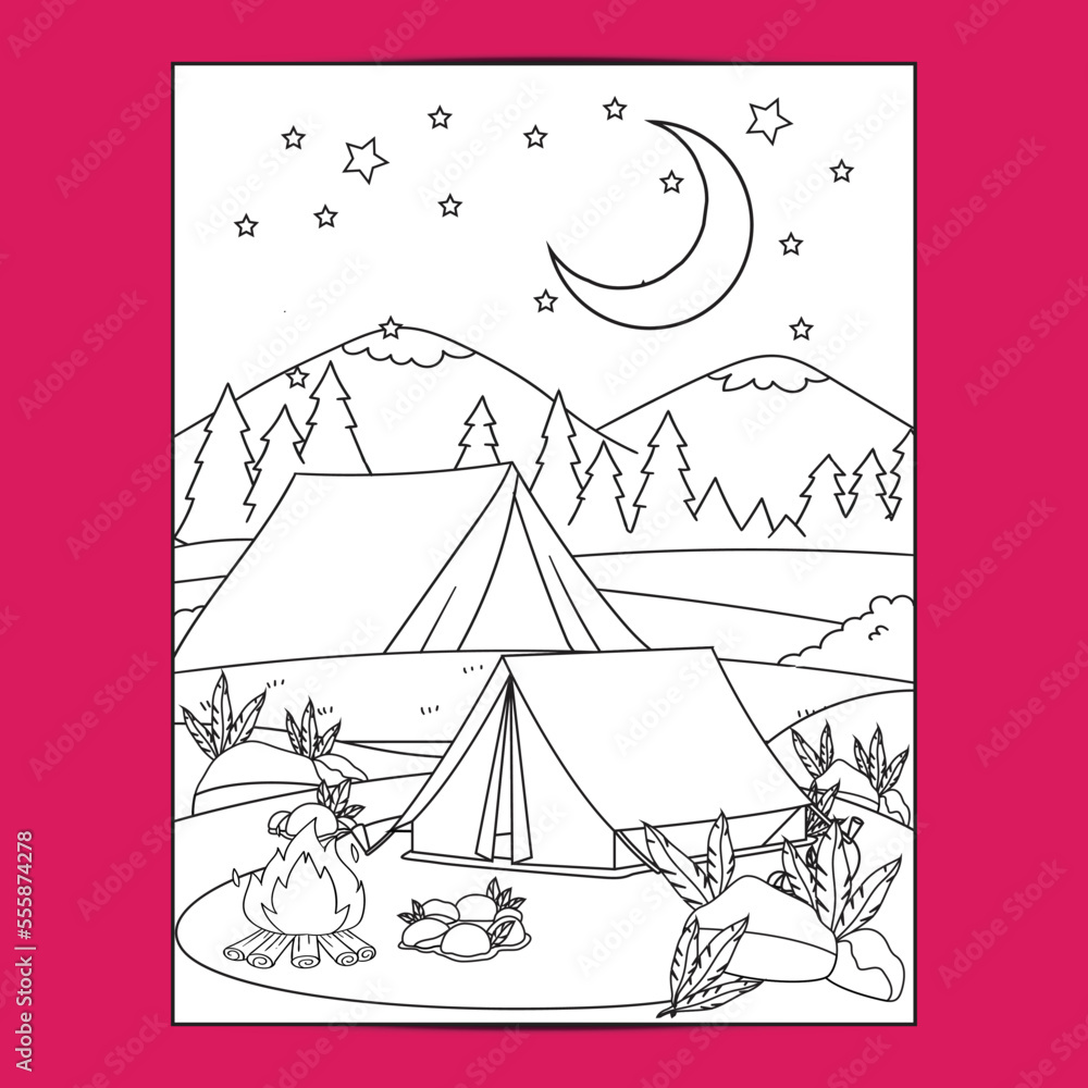 Outdoor camping coloring pages for kids Stock Vector | Adobe Stock