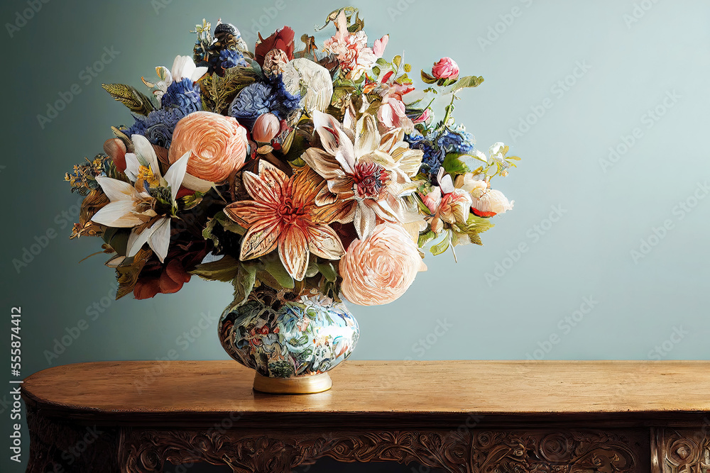 Beautiful bouquet of flowers on baroque table in vintage style ...
