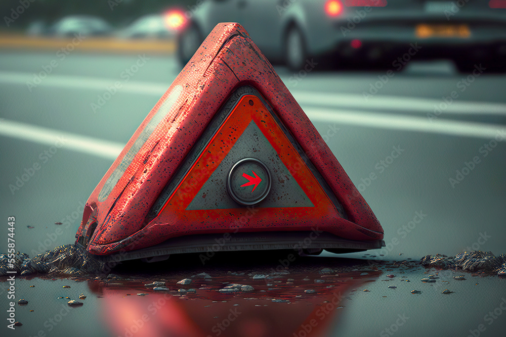 Triangular emergency stop sign on road car accident Stock Illustration ...