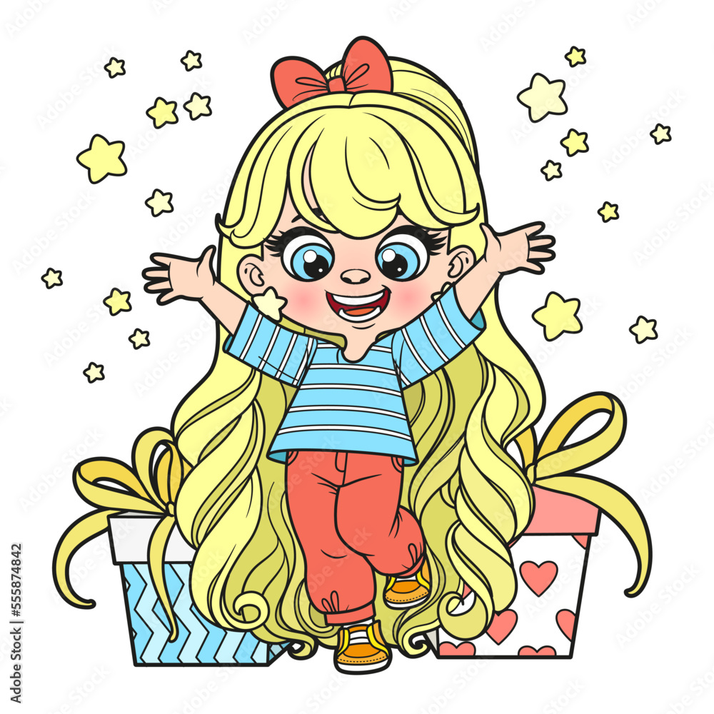 Cute cartoon long haired girl with gifts color variation for coloring ...