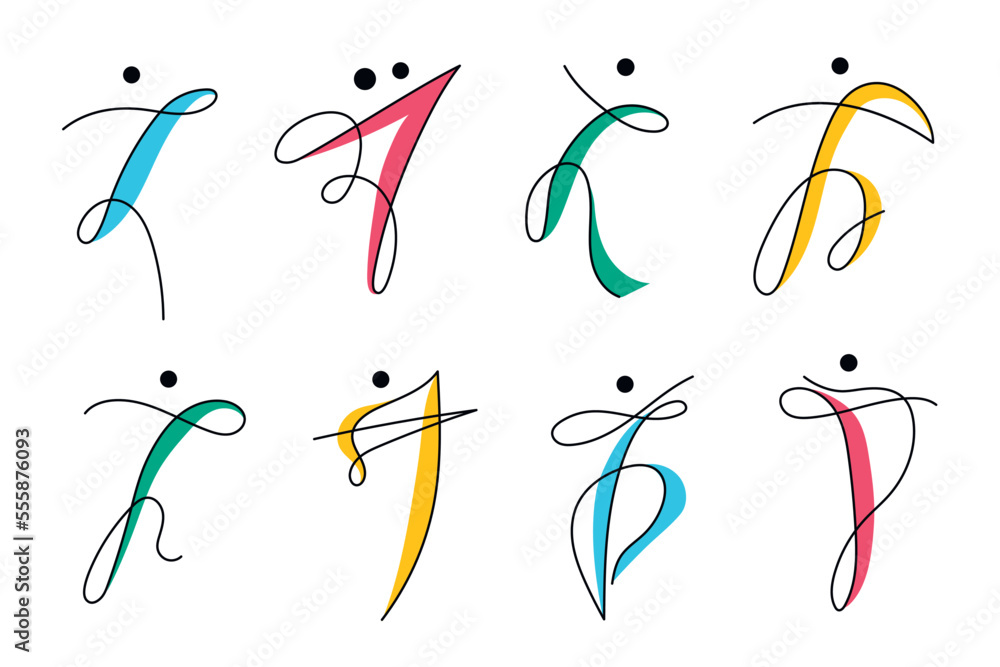 Vector set human body dance logos, people shapes, linear colorful ...