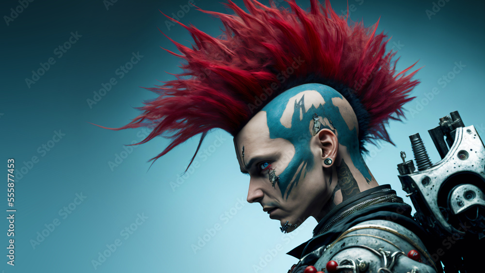crazy cyborg portrait, steampunk mohawk robot with red hair and ...