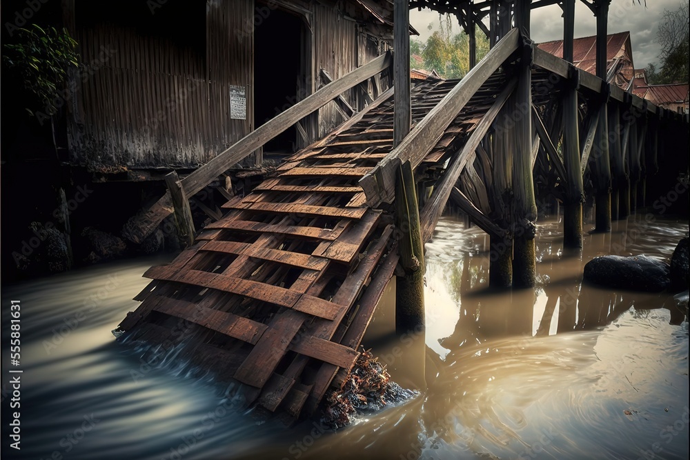 Water overflow on a broken wooden bridge in Penang, Malaysia ...