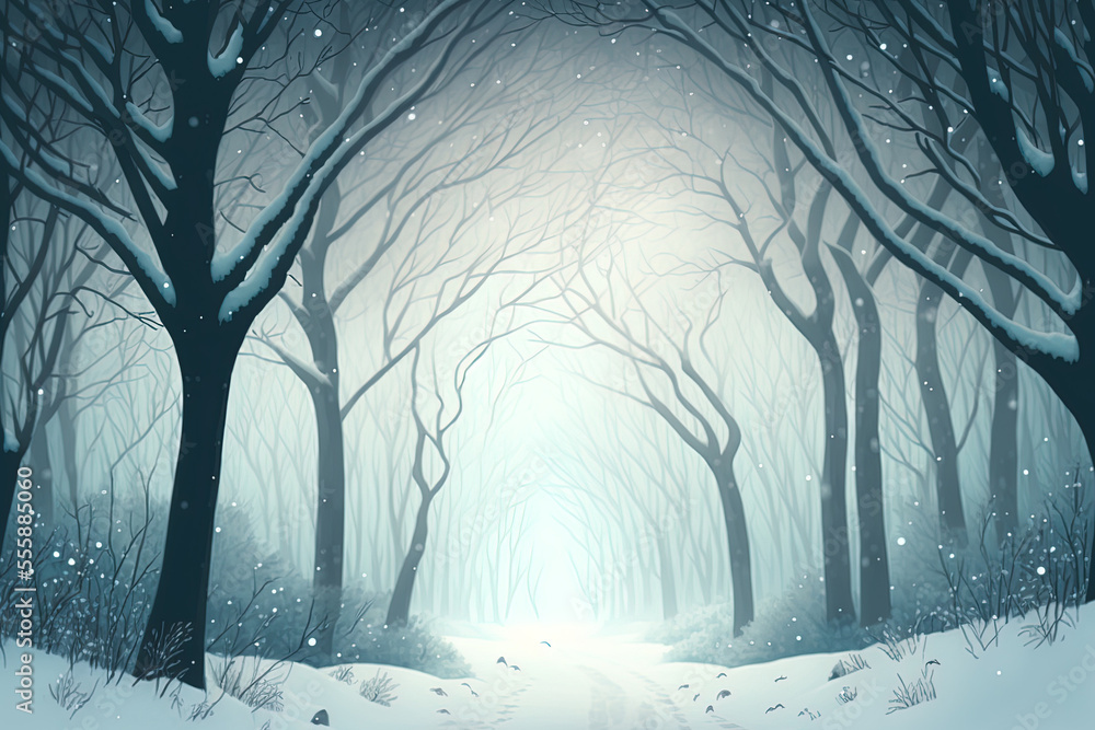 mysterious winter woodland setting. Wintertime natural woods horizontal ...