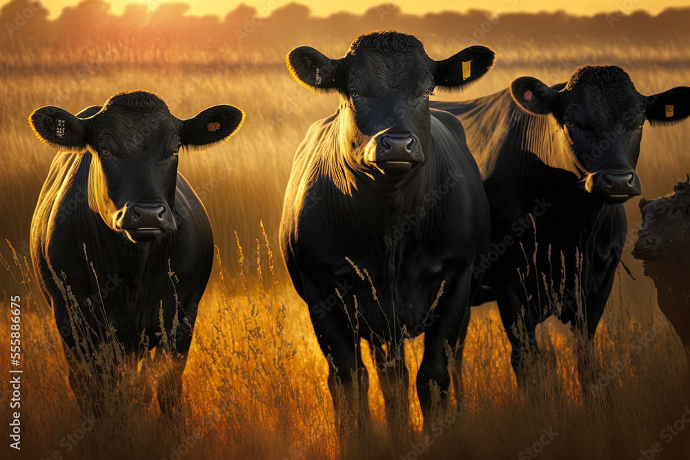 Black Angus cattle on a field of grass under the setting sun ...