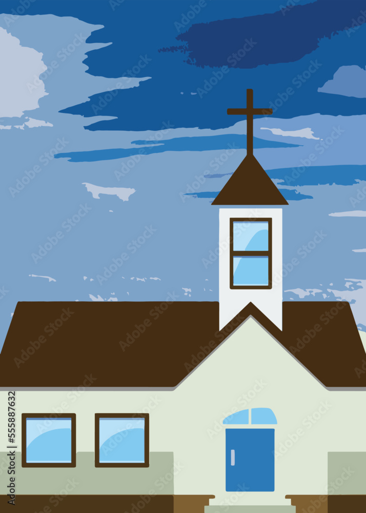 Vector flat contemporary church and park with cityscape and suburb ...