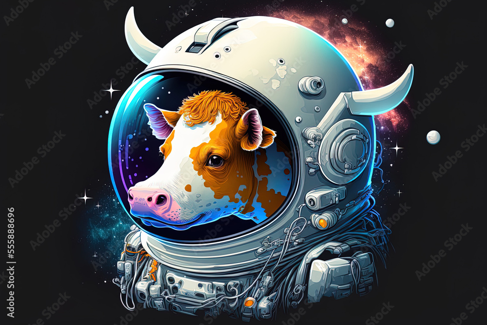 Cartoon image of a cute cow clutching an astronaut helmet. Generative ...