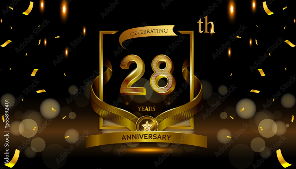 28th golden anniversary logo with gold ring and golden ribbon, vector ...