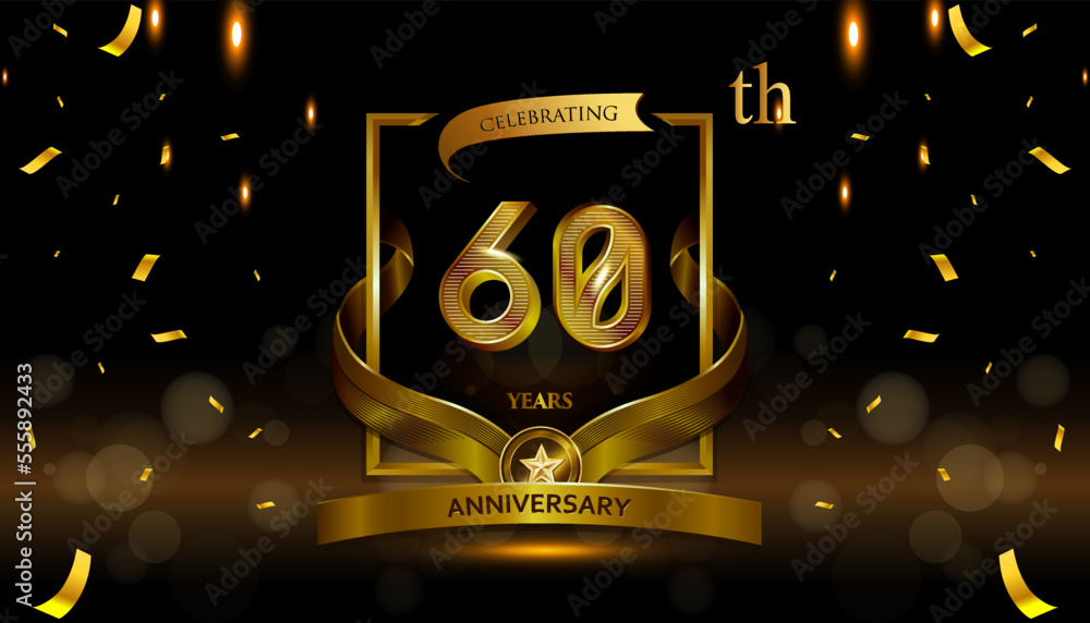 60th golden anniversary logo with gold ring and golden ribbon, vector ...