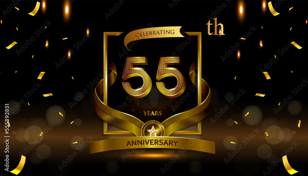 55th golden anniversary logo with gold ring and golden ribbon, vector ...