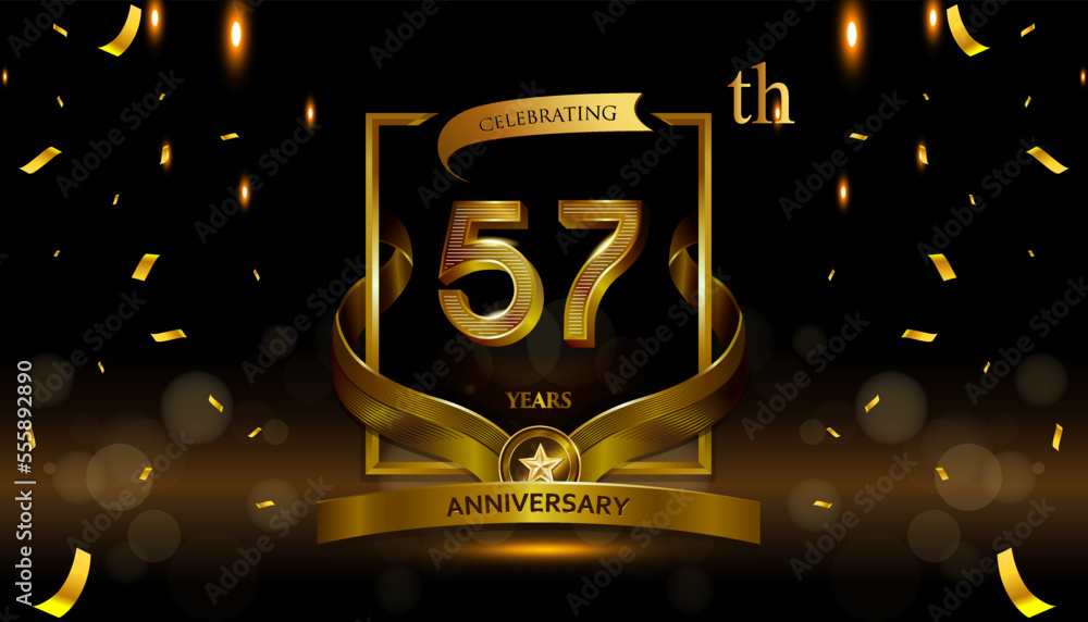 57th golden anniversary logo with gold ring and golden ribbon, vector ...