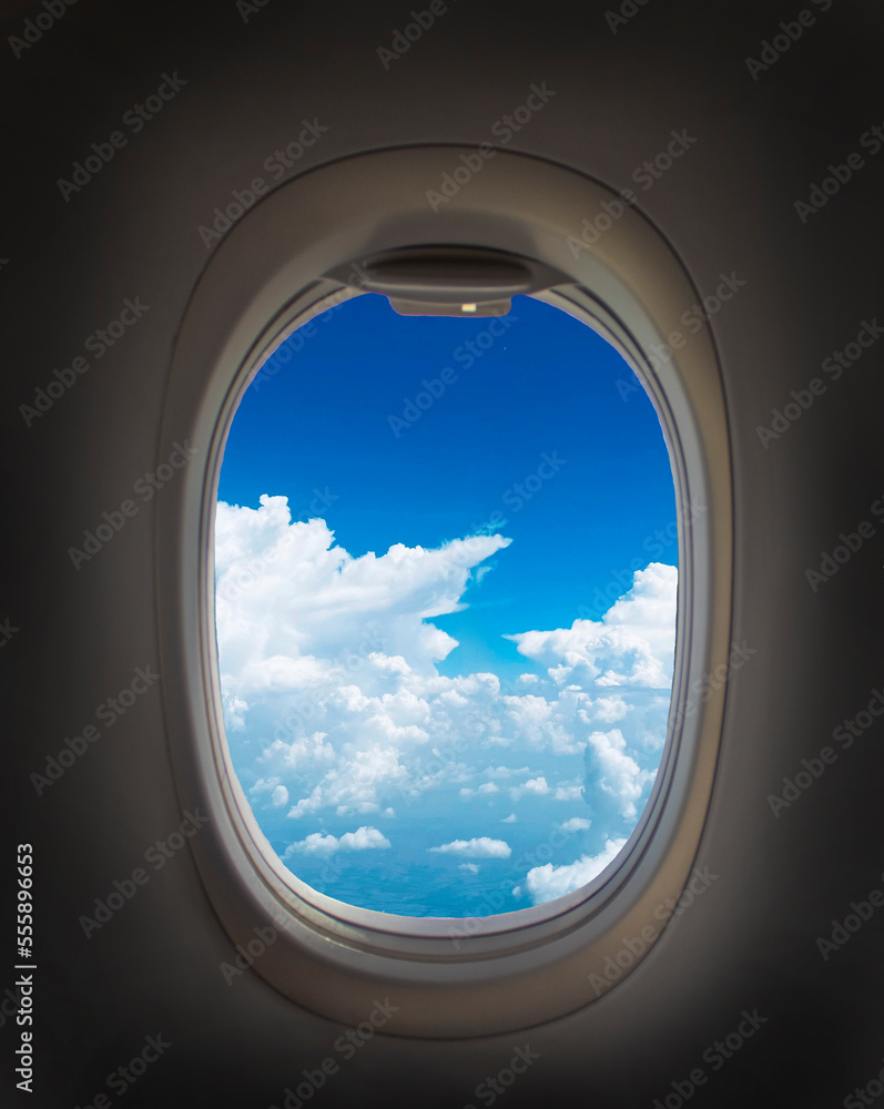 Airplane window with beautiful sky. Airplane window. Travel and tourism ...