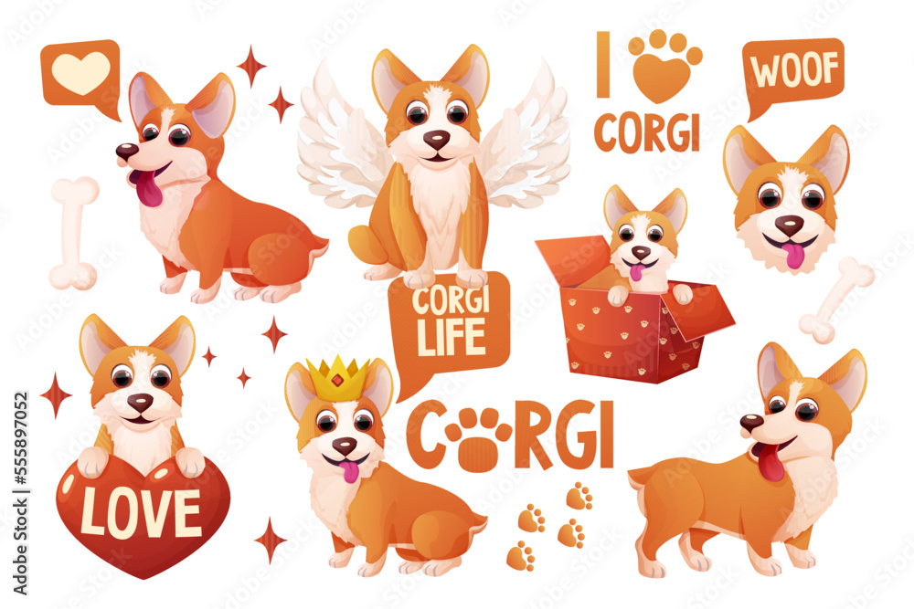 Set corgi dog stickers with crown, wings, sitting, adorable pet, activities in cartoon style ...