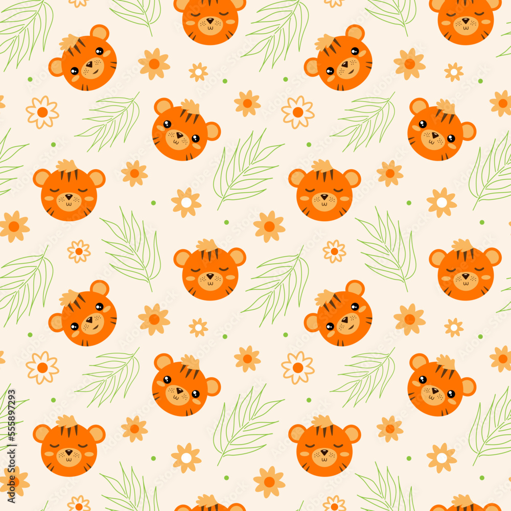 Seamless pattern with tiger cubs. Vector illustration face of baby ...