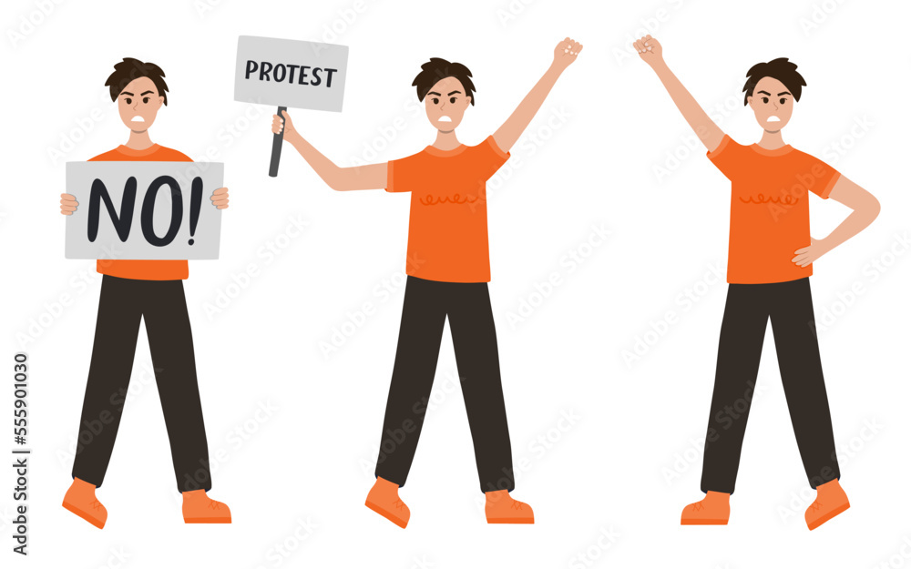 Women protests in different poses. Angry girl holding a banner, raising ...