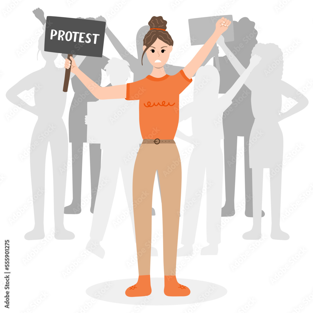 Crowd of protesters with angry girl holding a banner and raising fist ...