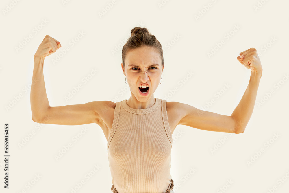 I am strong. Studio image of expressive emotional powerful female ...