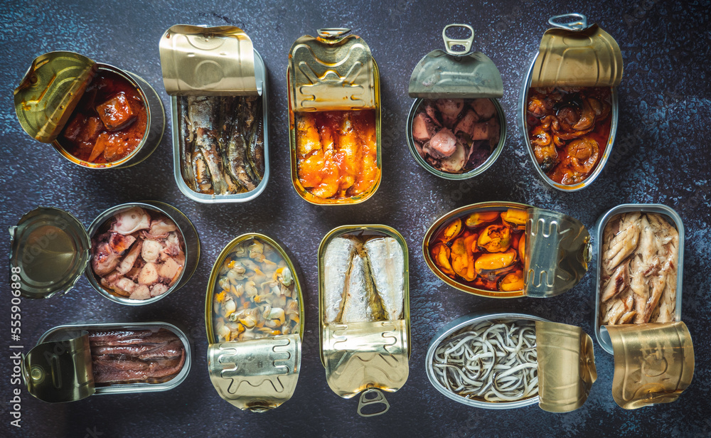 Preserve cans with different products, fish and seafood, natural or ...