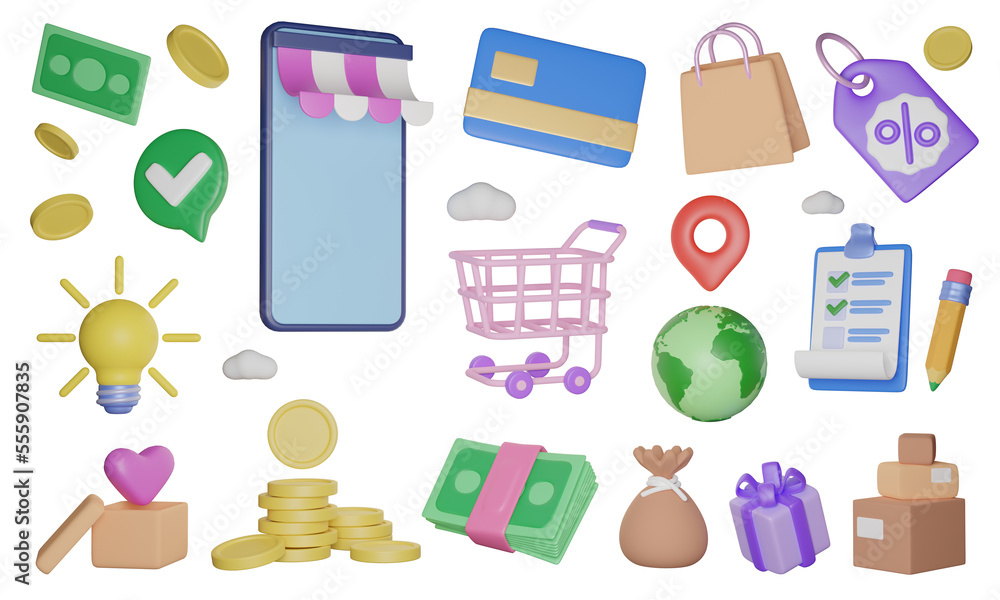 Online store objects set with e-commerce shop related graphics, 3D ...