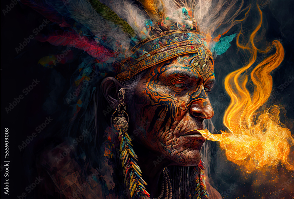 Illustration, fantasy shaman leading a holy ayahuasca ceremony ...