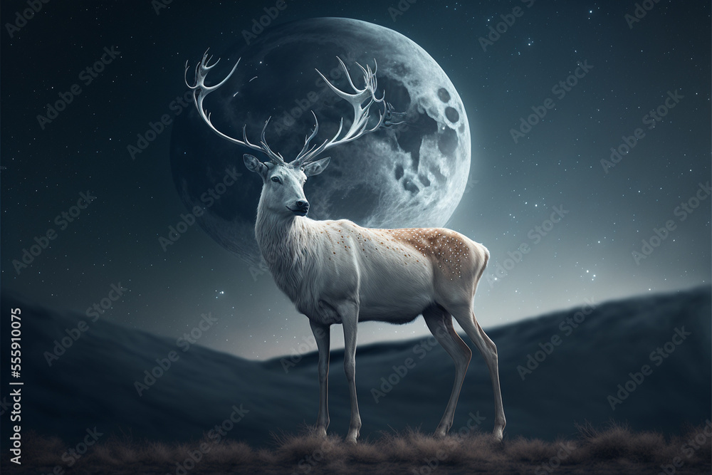 Fairytale background of a white stag standing on starry night with full ...