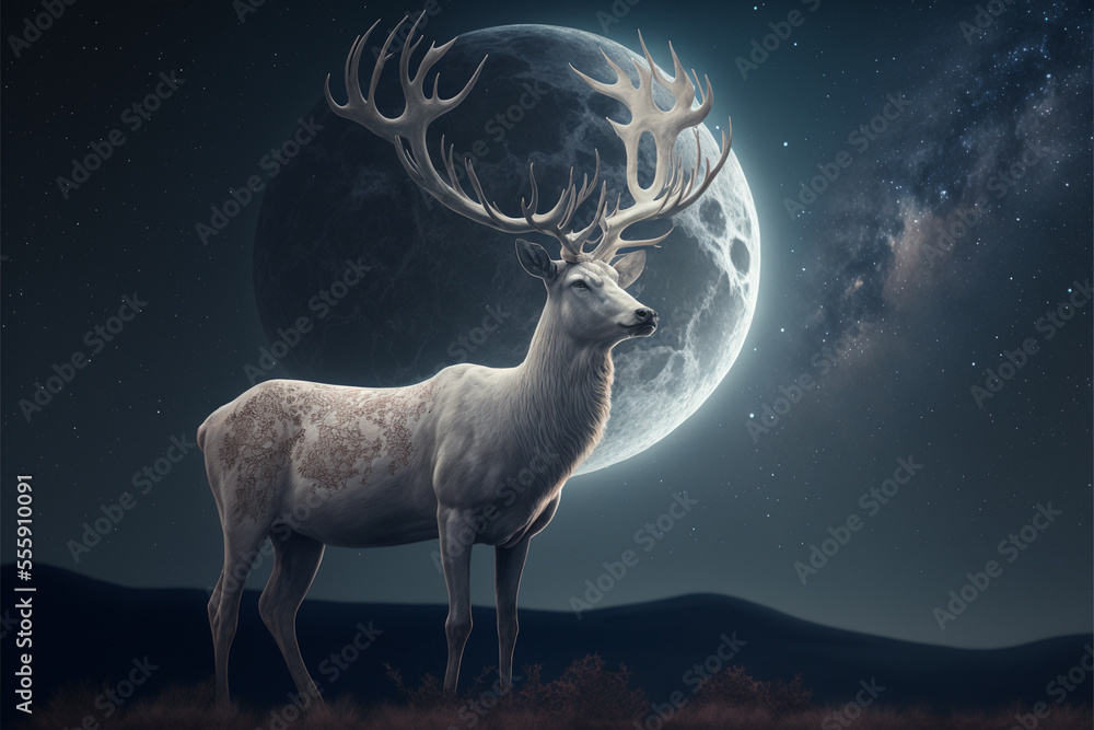 Fairytale background of a white stag standing on starry night with full ...