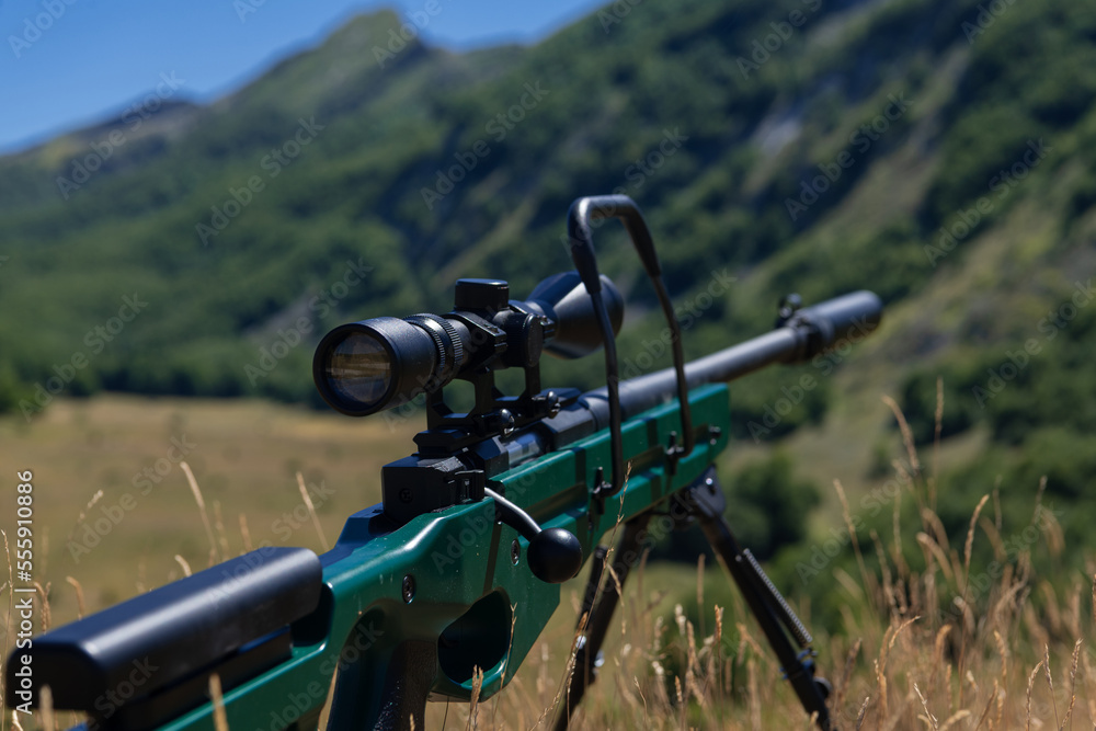A green military sniper rifle with a scope for long distance tactical ...