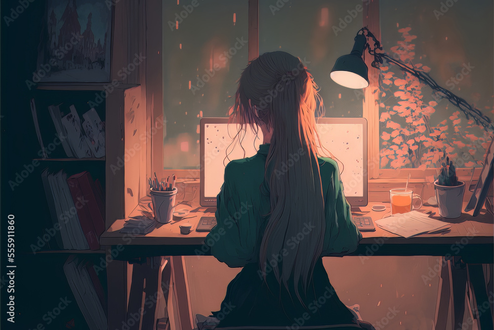 Beautiful Young Woman Working At Her Desk At Night Very Chill And Cozy Home Sitting At The