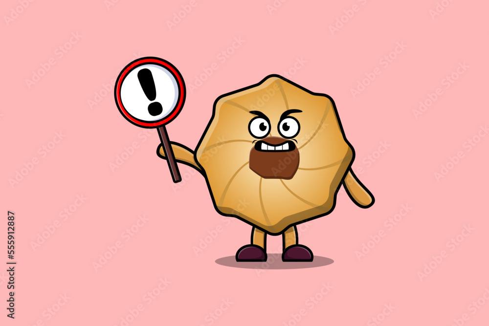Cute cartoon illustration Cookies with exclamation sign board in flat ...