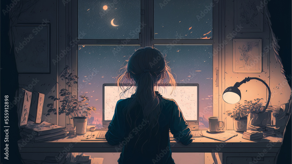 Beautiful young woman working at her desk at night. Very chill and cozy ...