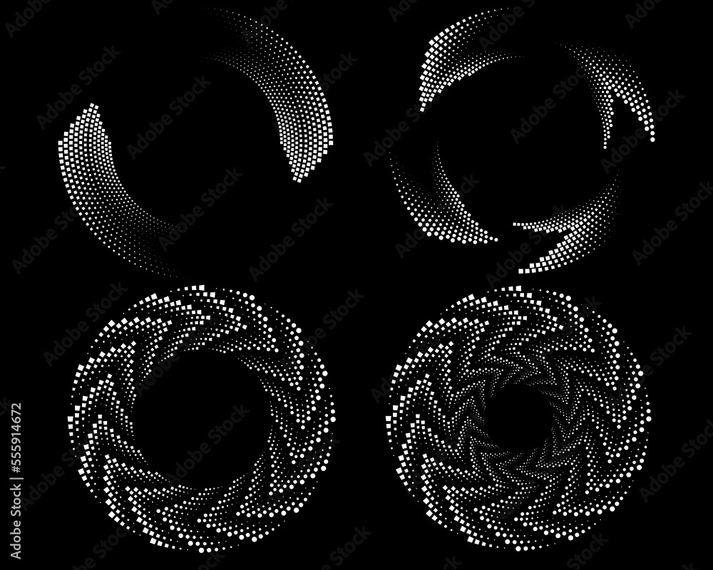 Set of abstract white halftone dots. Halftone dots in vortex form ...