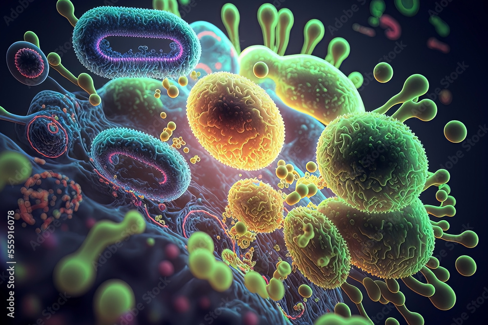 Microscopic bacteria. Science illustration. 3D render of infectious ...